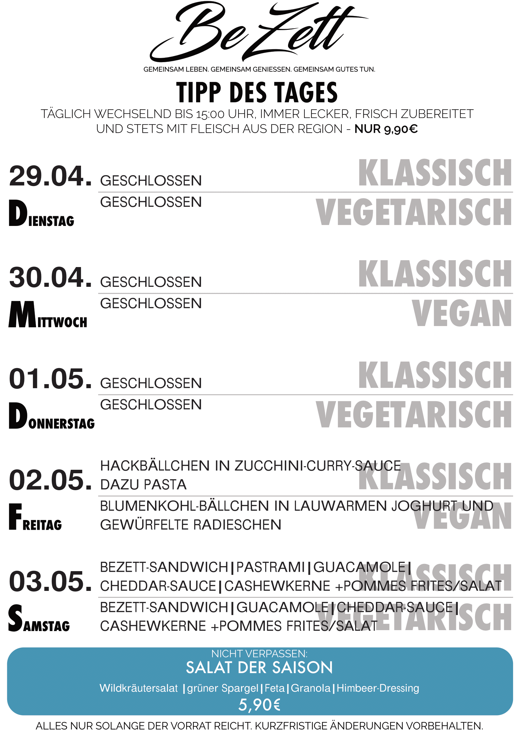 Speisekarten – BeZett Sinn